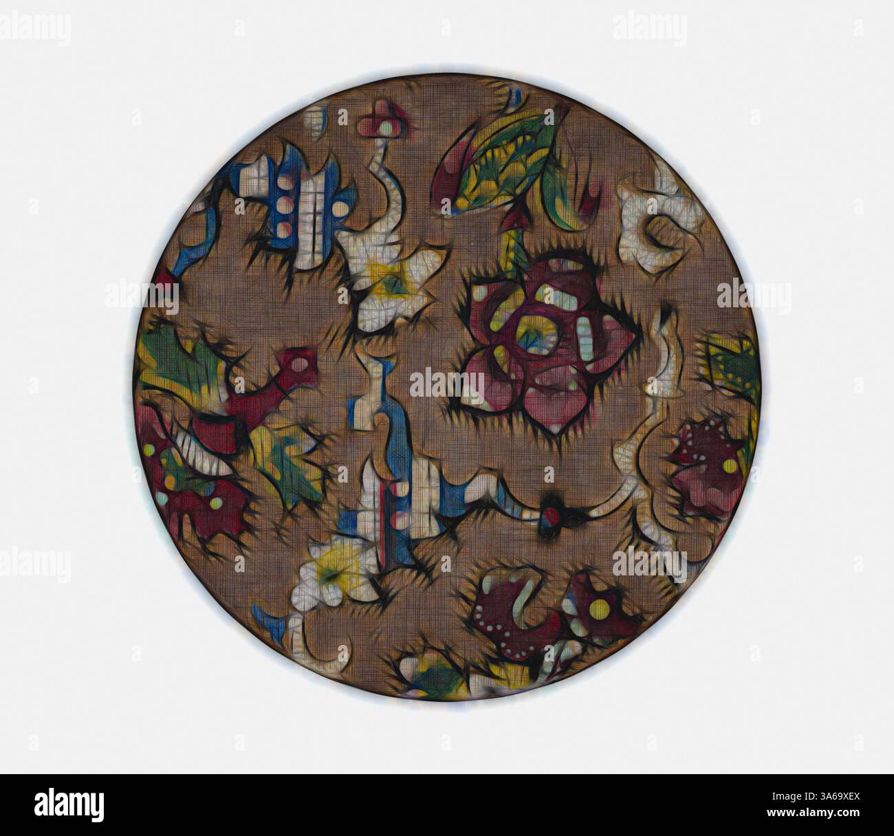 A circular textile featuring intricate floral patterns and vibrant ...