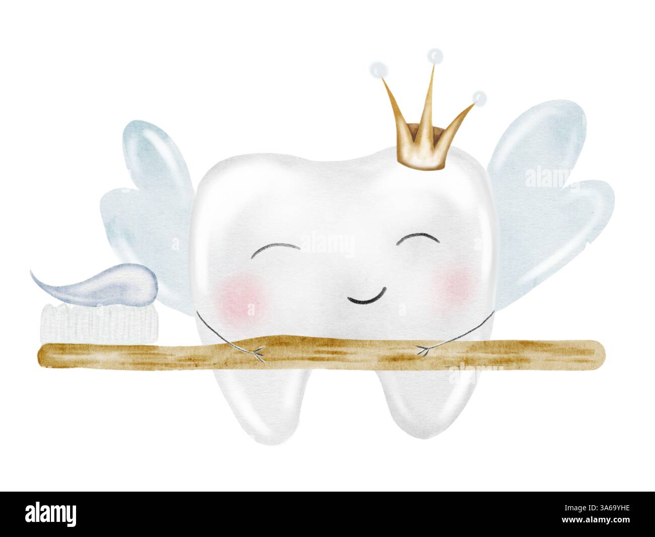 Baby tooth watercolor. Cute cartoon molar with a toothbrush on isolated ...