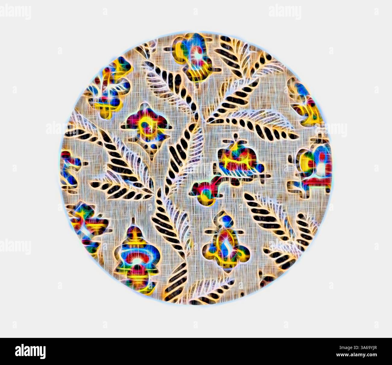 A decorative textile featuring intricate floral and leaf patterns, with ...
