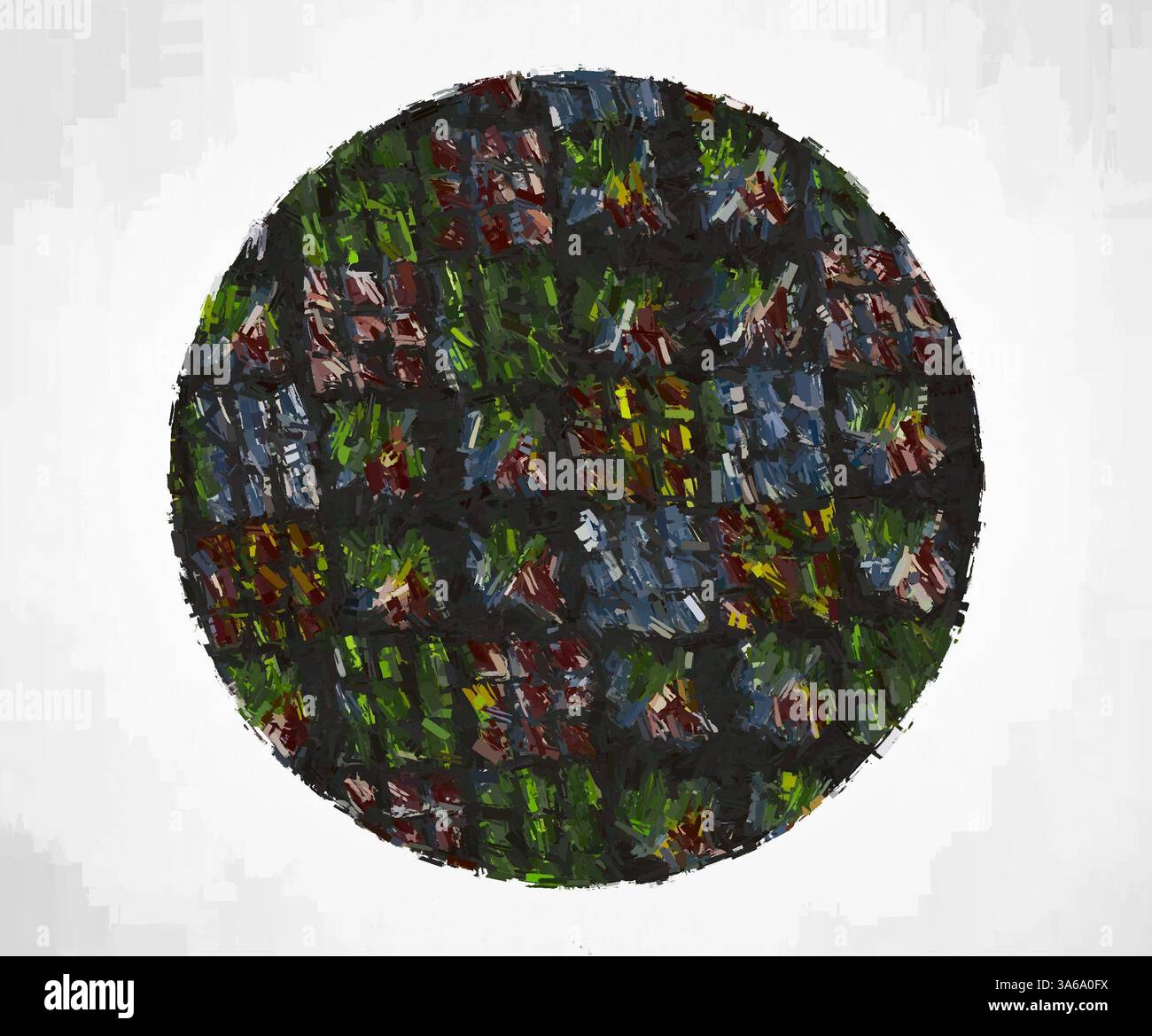 A textured circular pattern featuring vibrant, overlapping colors in a ...