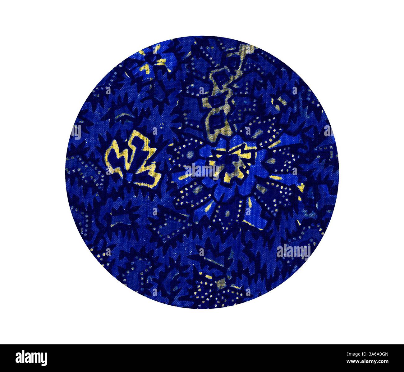 A vibrant textile featuring a captivating swirl of deep blue patterns ...