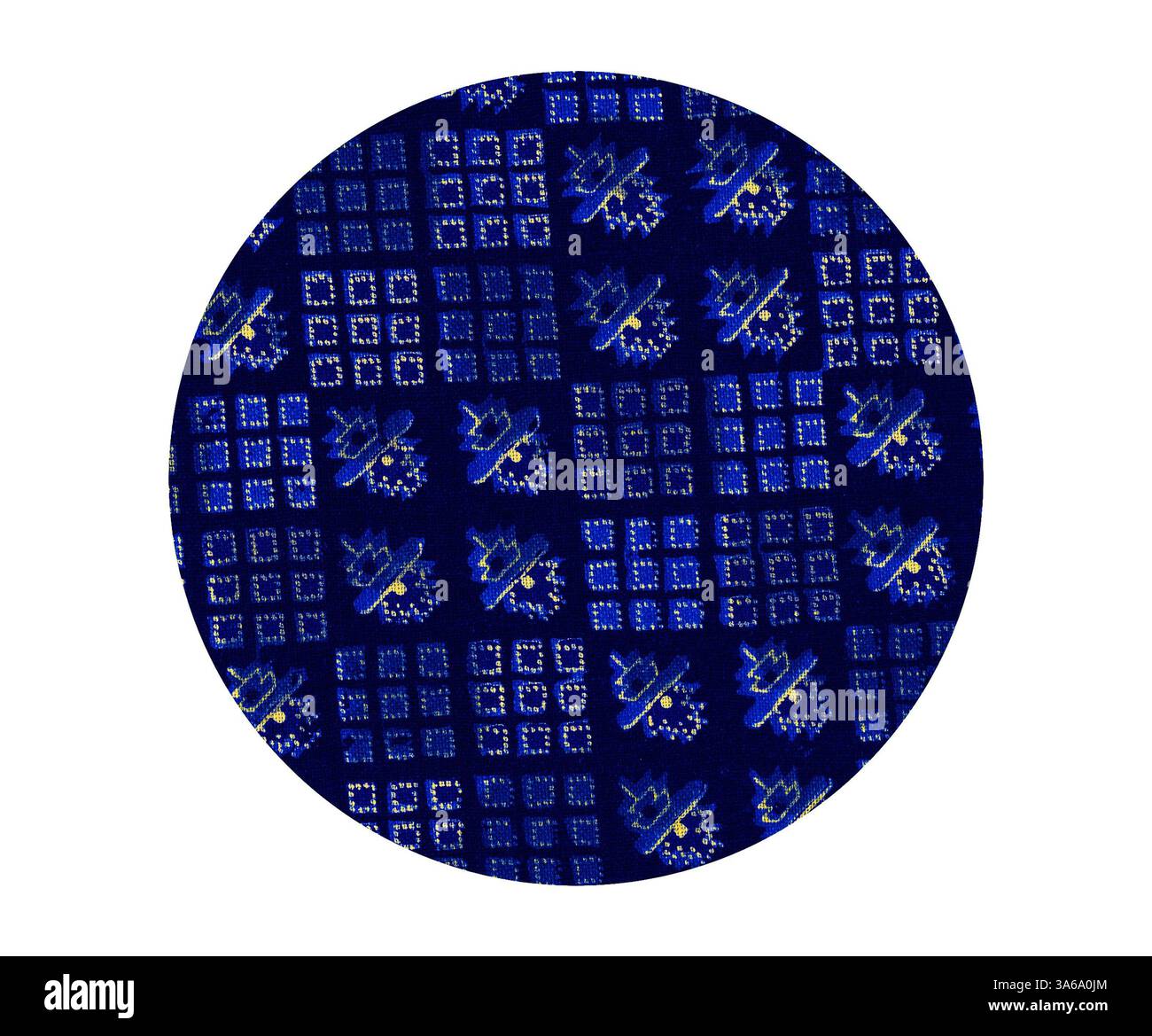 A deep blue fabric featuring intricate geometric patterns and floral ...