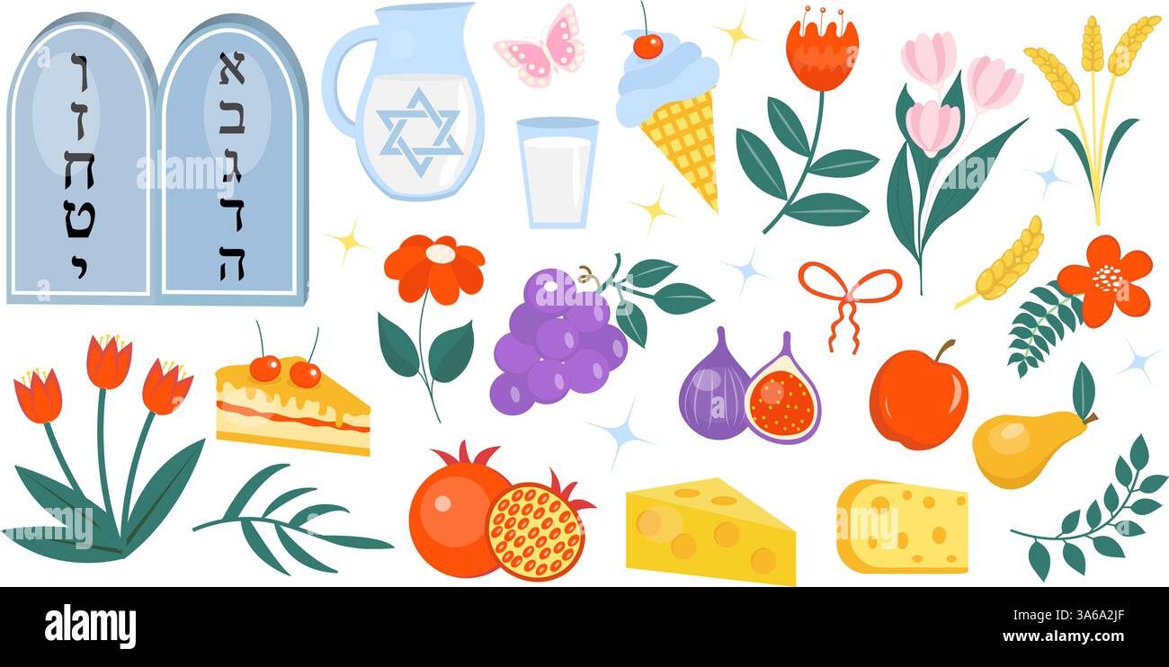 A beautiful Shavuot-themed vector set featuring wheat, dairy, tablets ...