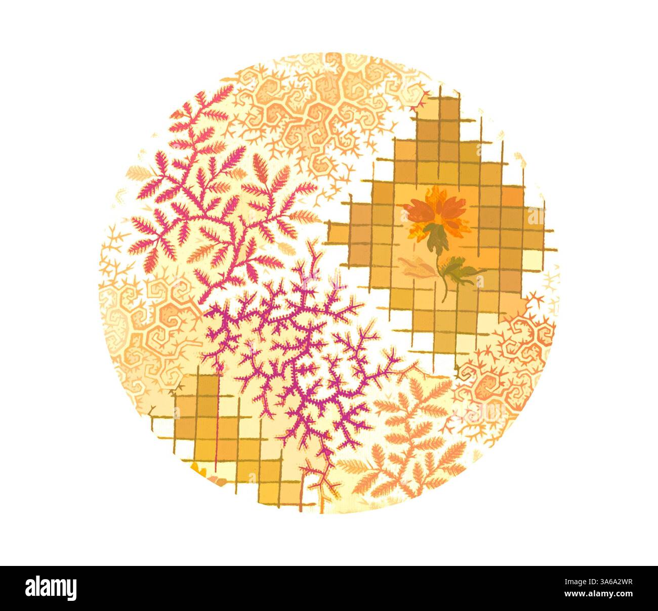 A circular design featuring intricate patterns of golden grids and ...