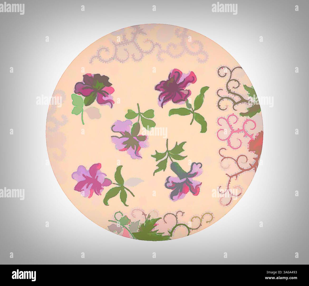 A round plate adorned with a delicate floral pattern, featuring ...