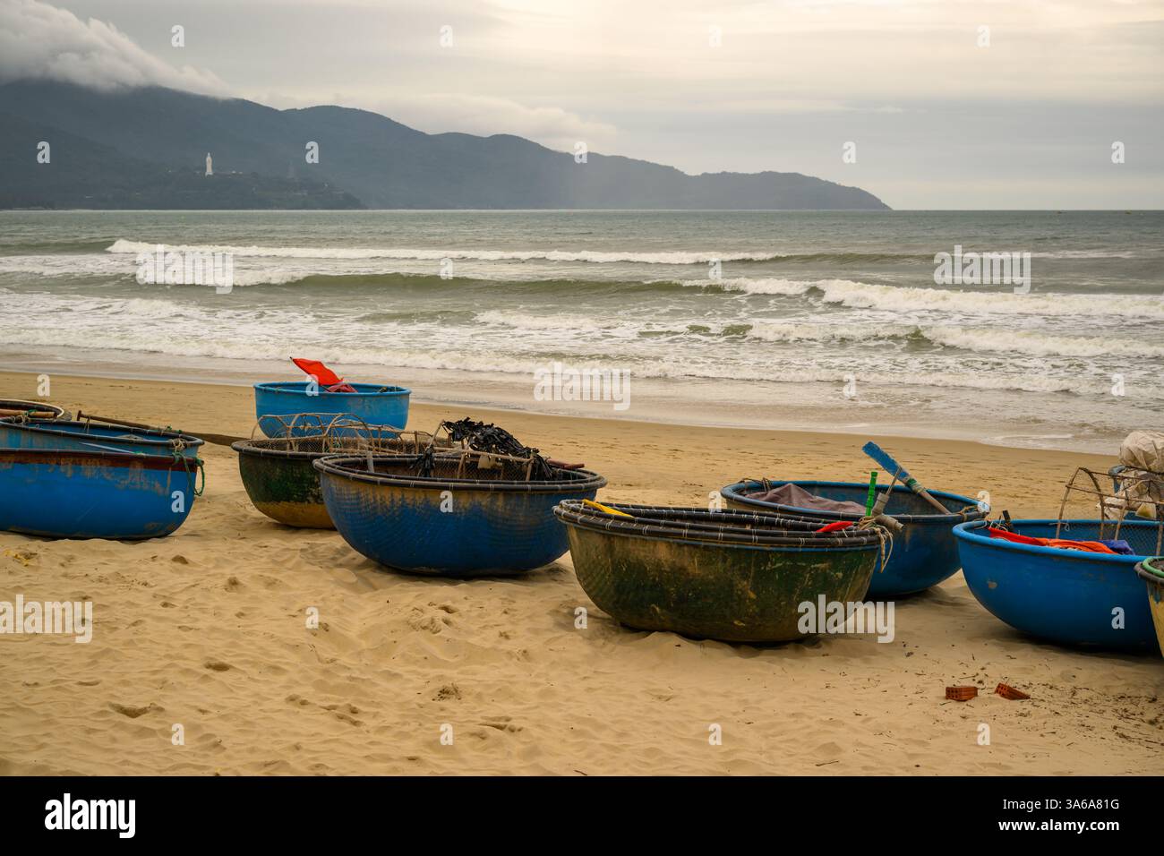 Traditional fishing boats on Da Nang Beach, Da Nang, Vietnam Stock ...