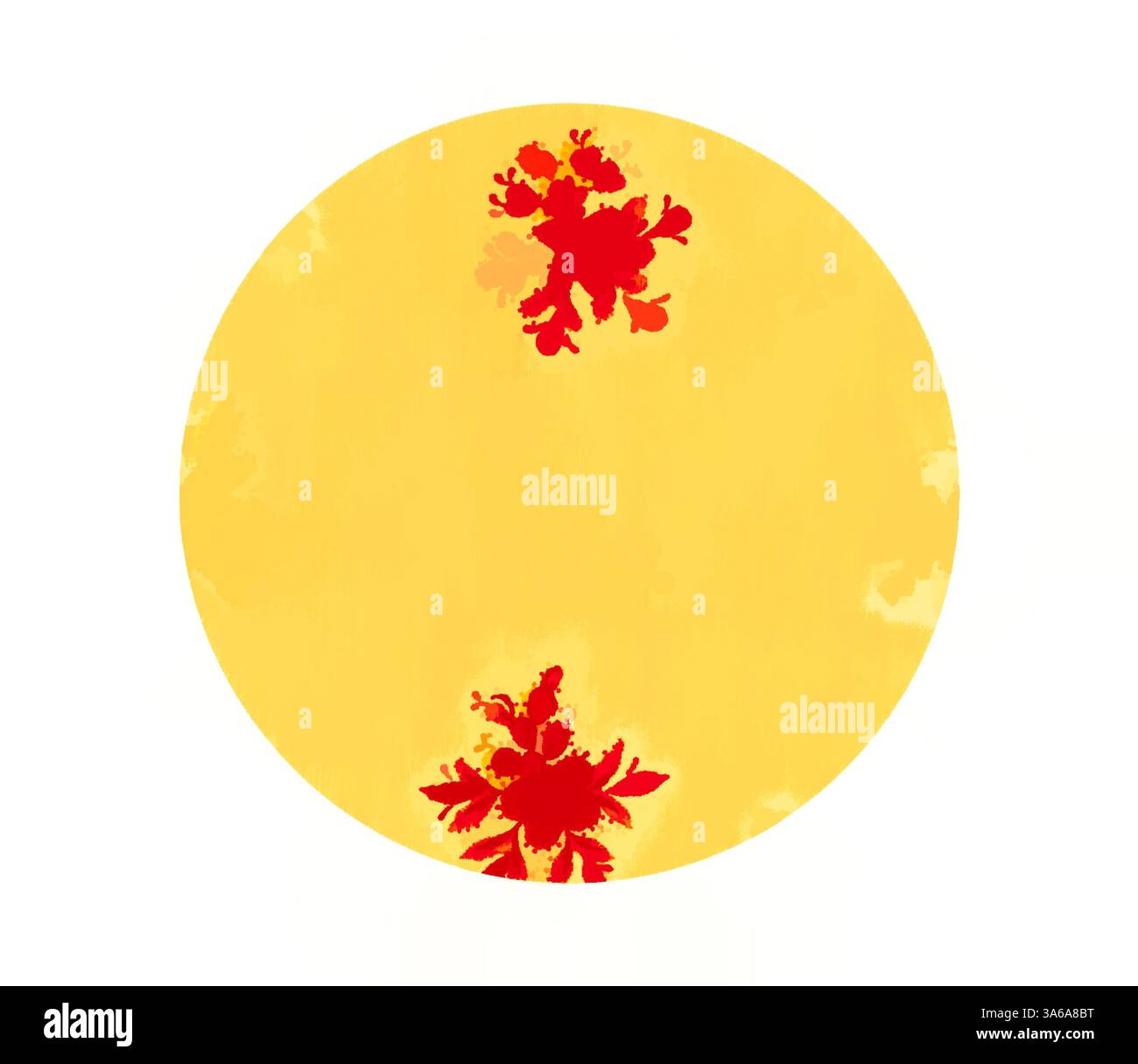 A vibrant yellow circle adorned with delicate red floral shapes at the ...