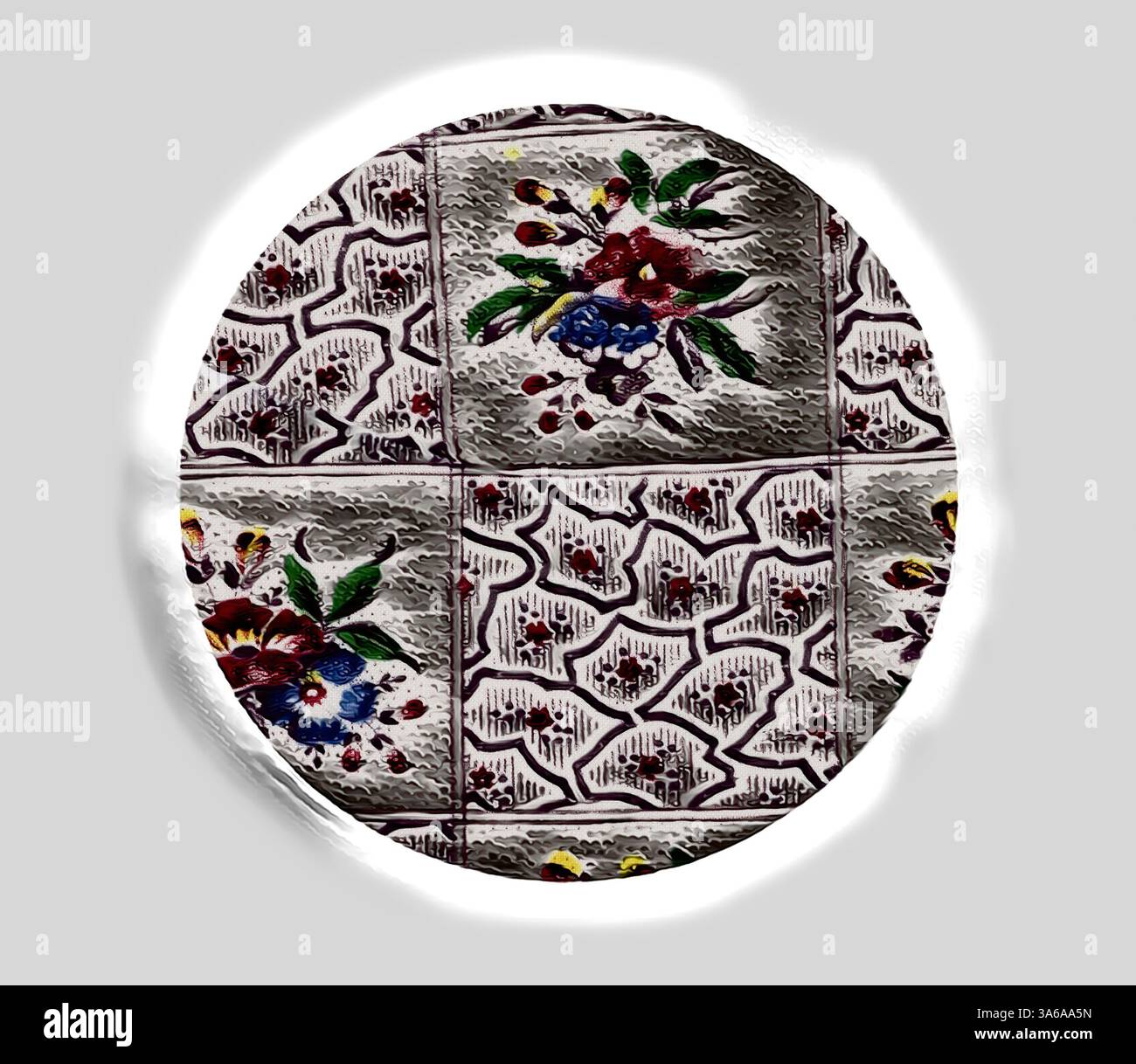 An intricate patterned tile featuring floral designs in vibrant colors ...