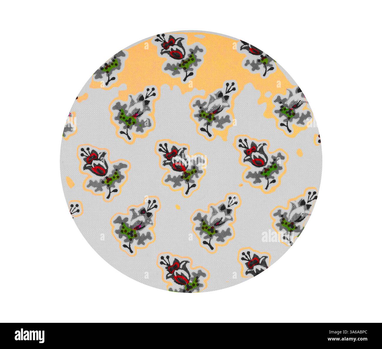 A circular pattern featuring stylized floral designs in shades of gray ...
