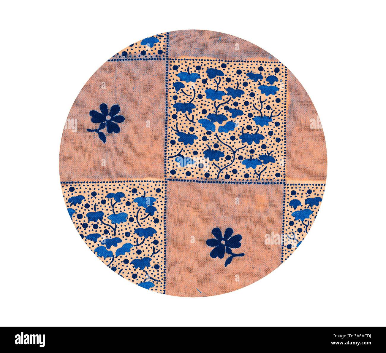 A circular textile pattern featuring a blend of floral motifs and ...