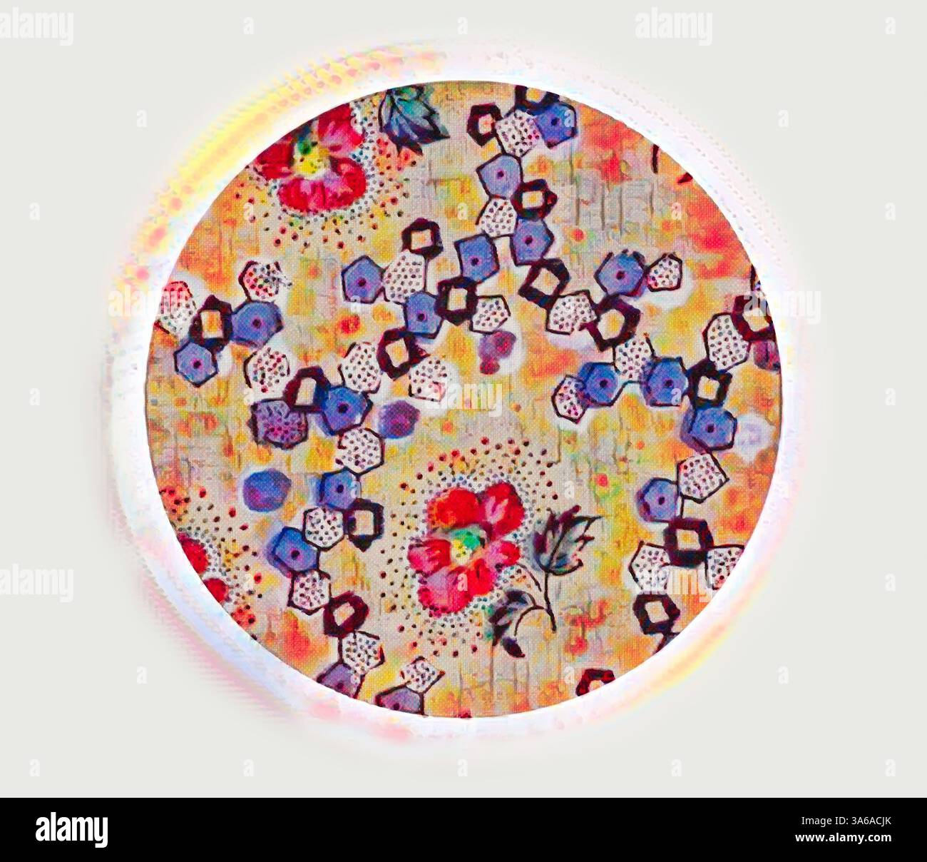 A circular design featuring a vibrant array of flowers and geometric ...