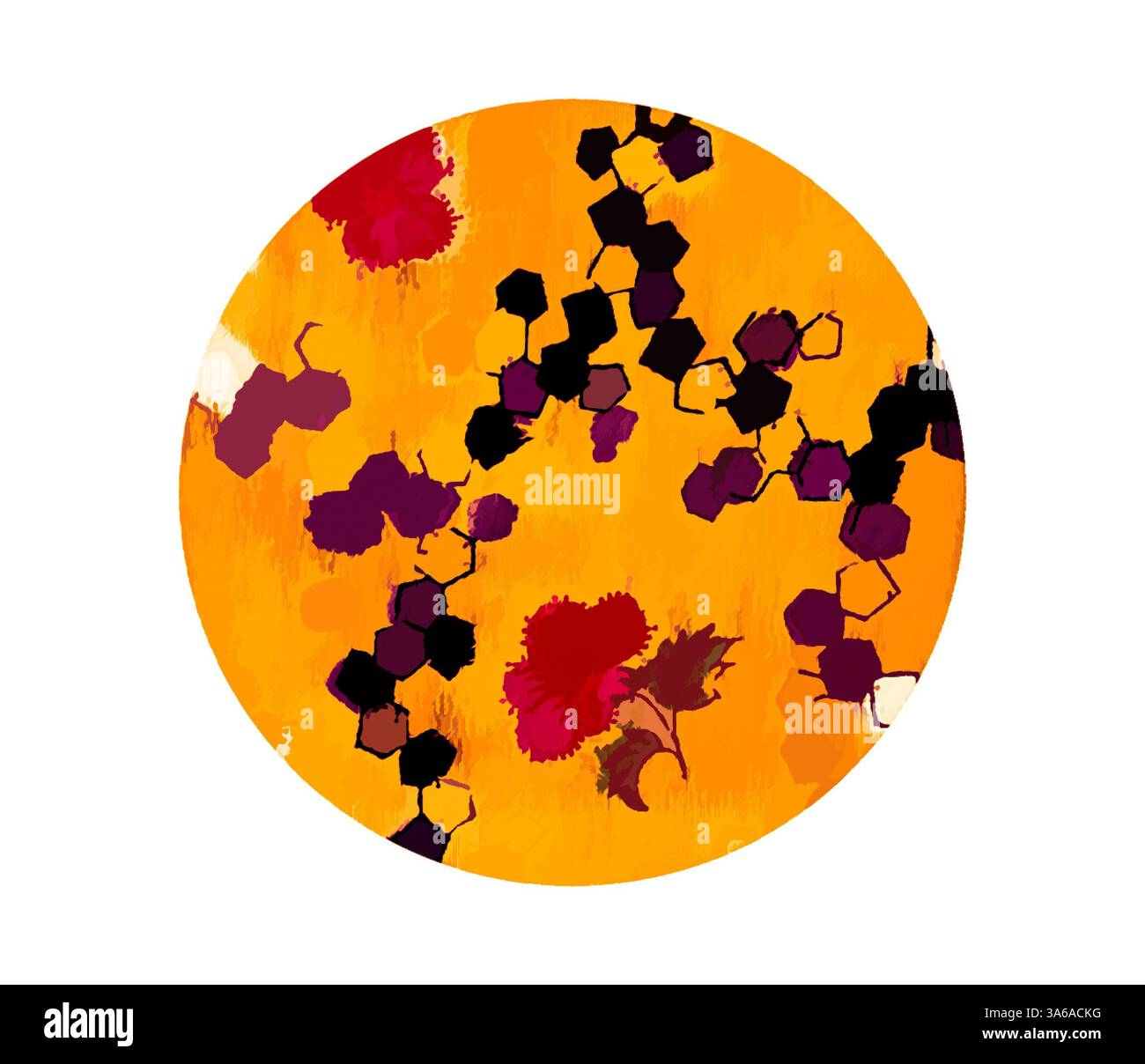 An abstract composition featuring vibrant orange hues interspersed with ...