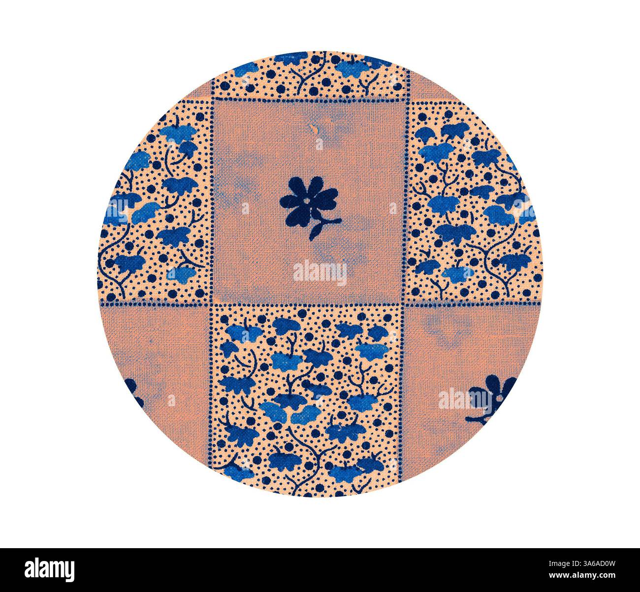 A circular fabric design featuring a combination of floral patterns and ...