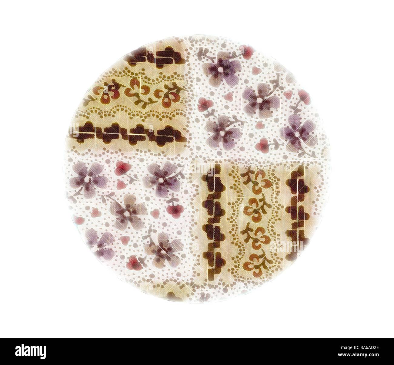 A round plate featuring an intricate design divided into four sections ...