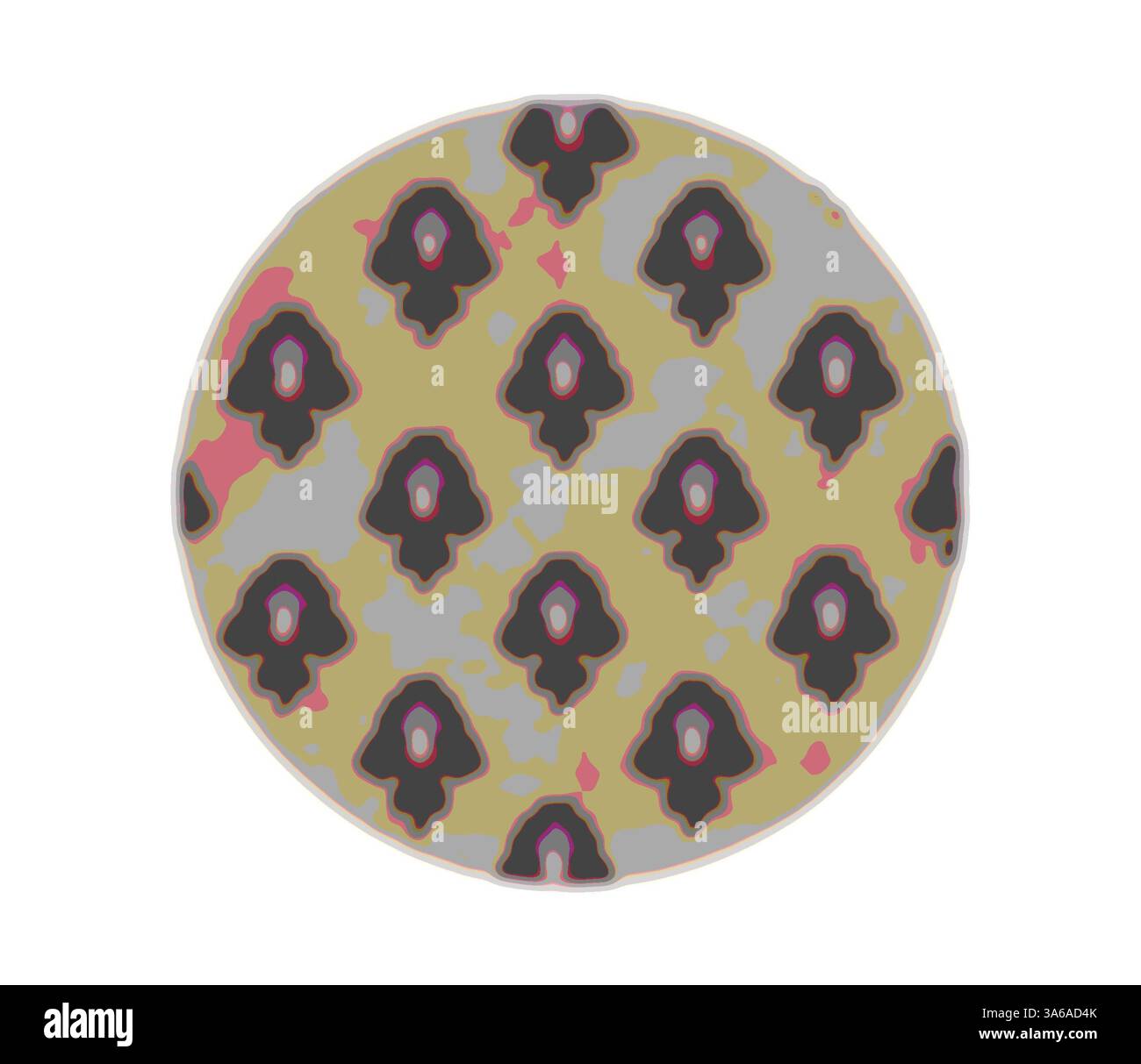 A circular pattern featuring repeated abstract shapes in earthy tones ...