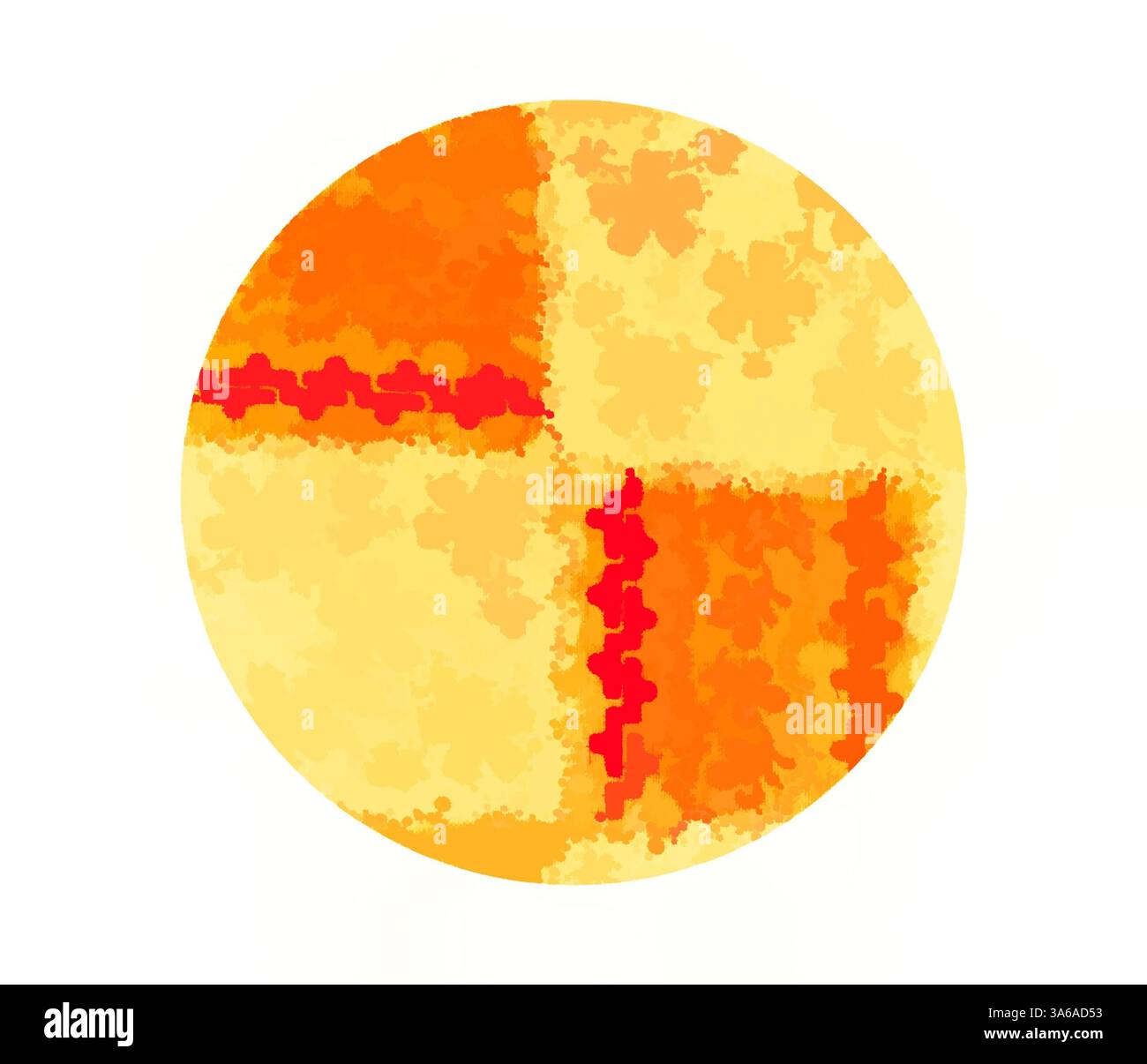 A circular composition featuring vibrant, overlapping sections of warm ...