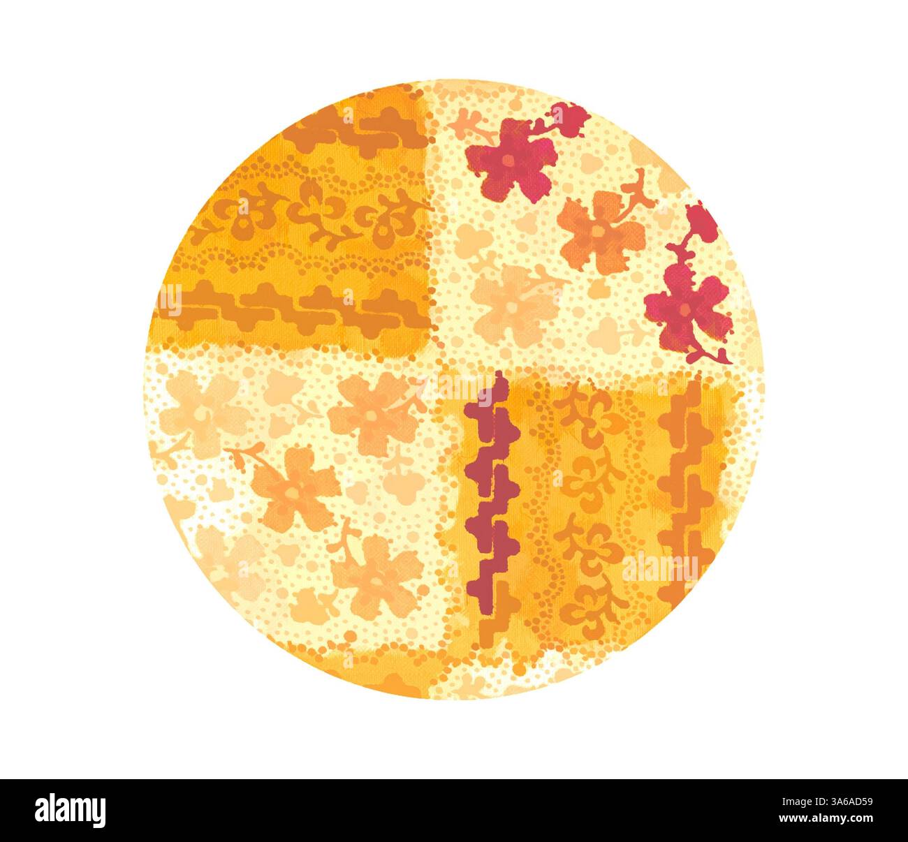 A circular design featuring a patchwork of warm, vibrant hues ...