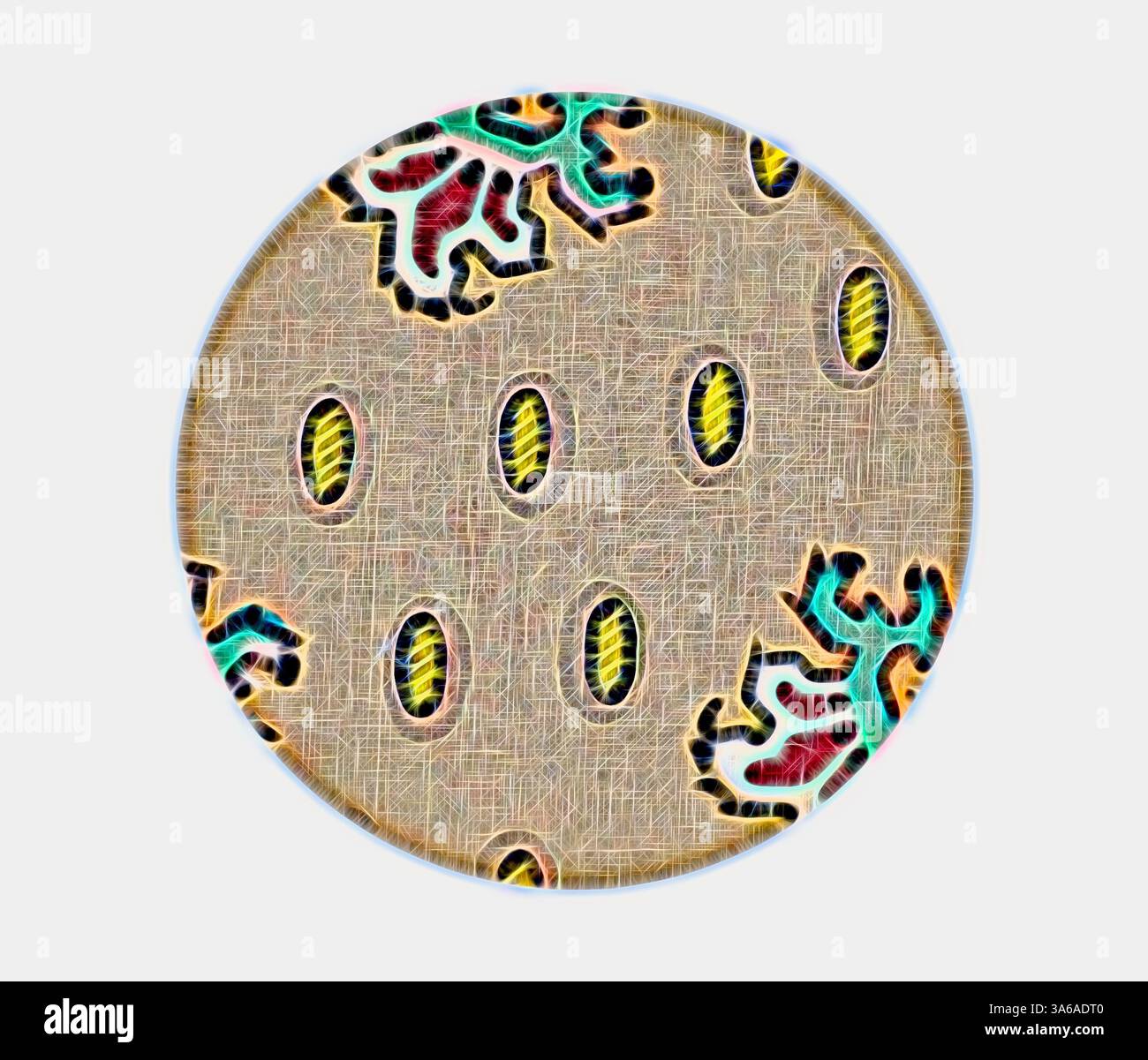 An abstract depiction featuring a textured circular surface adorned ...