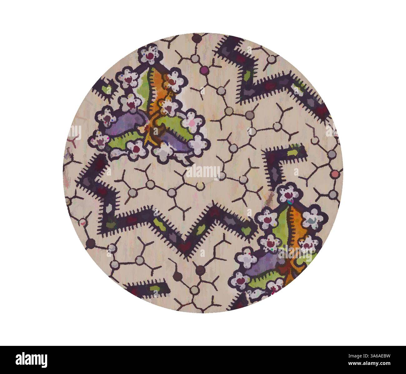 A circular surface showcases a vibrant floral pattern intertwined with ...