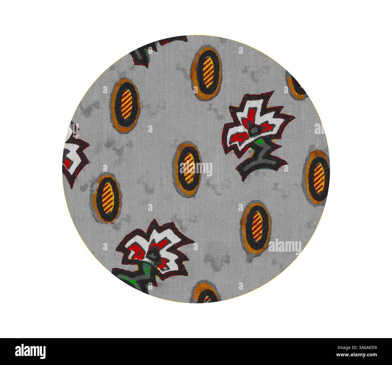 A patterned fabric featuring abstract floral motifs and oval shapes ...