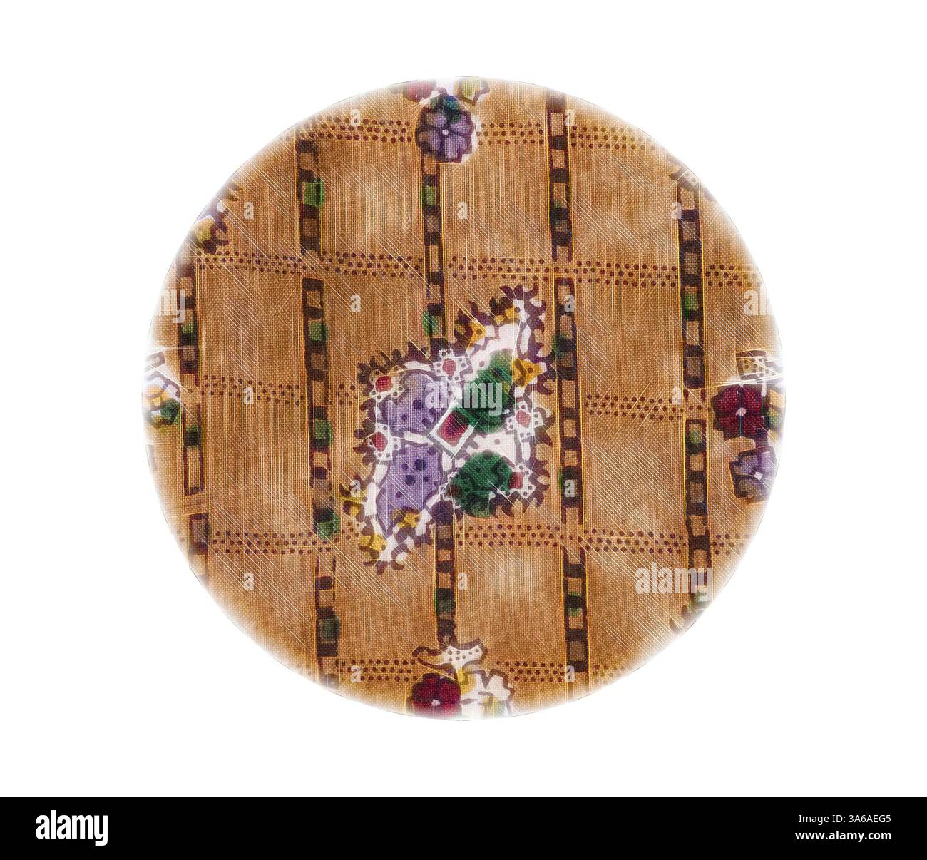A circular fabric swatch featuring a vibrant floral pattern set against ...