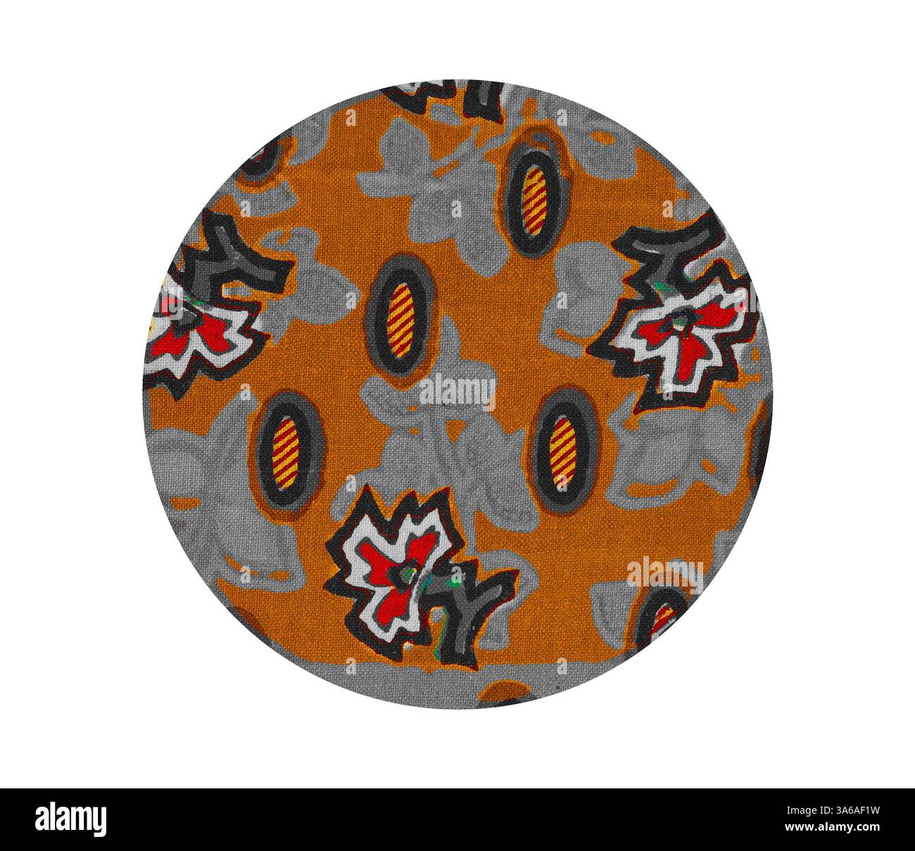 A vibrant circular fabric featuring an intricate floral pattern with ...