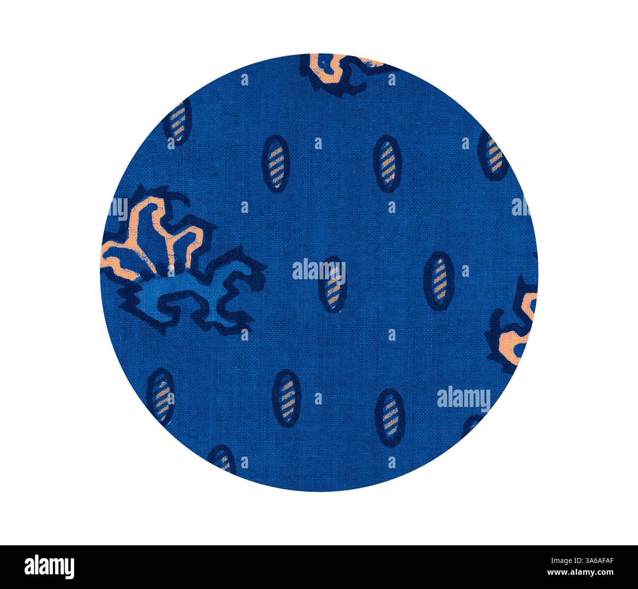 A vibrant blue fabric featuring intricate patterns of stylized lions ...