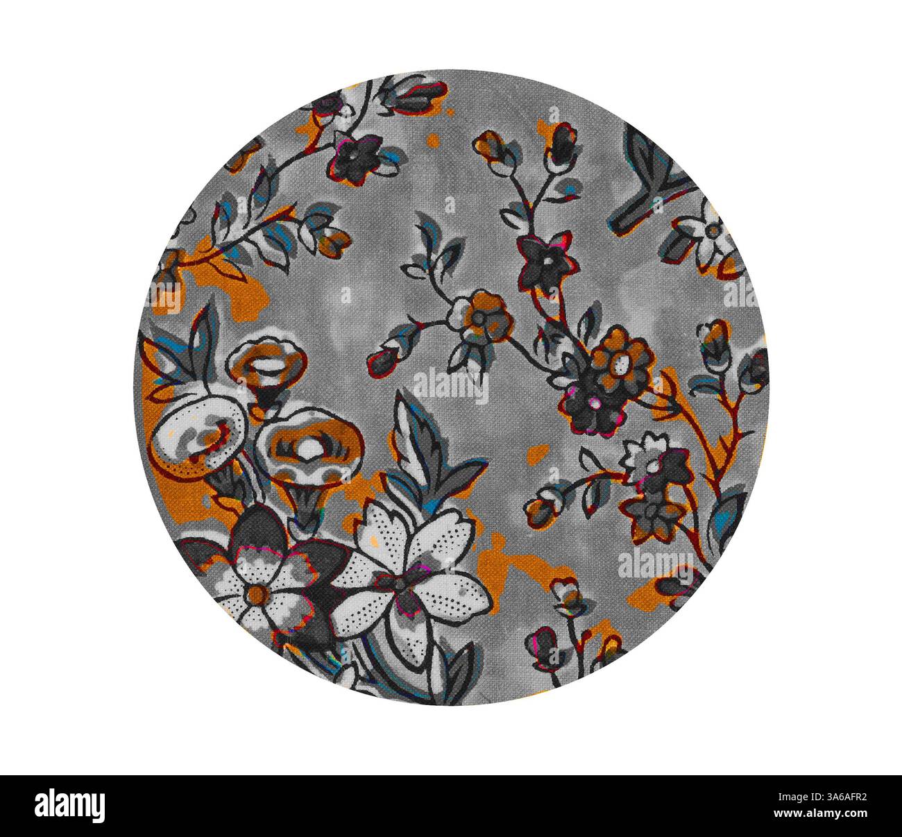A circular fabric featuring a delicate floral pattern, with vibrant ...