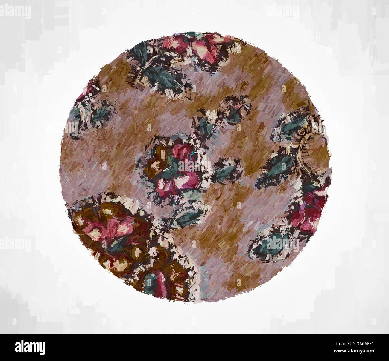 A circular textile featuring a floral pattern with shades of pink ...