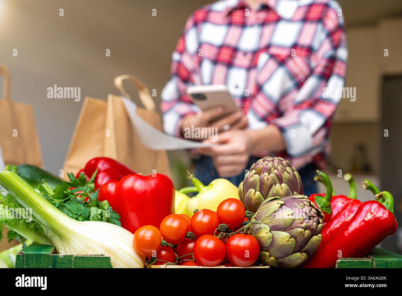 Farm to table concept. Vegetables on blurred background of person ...