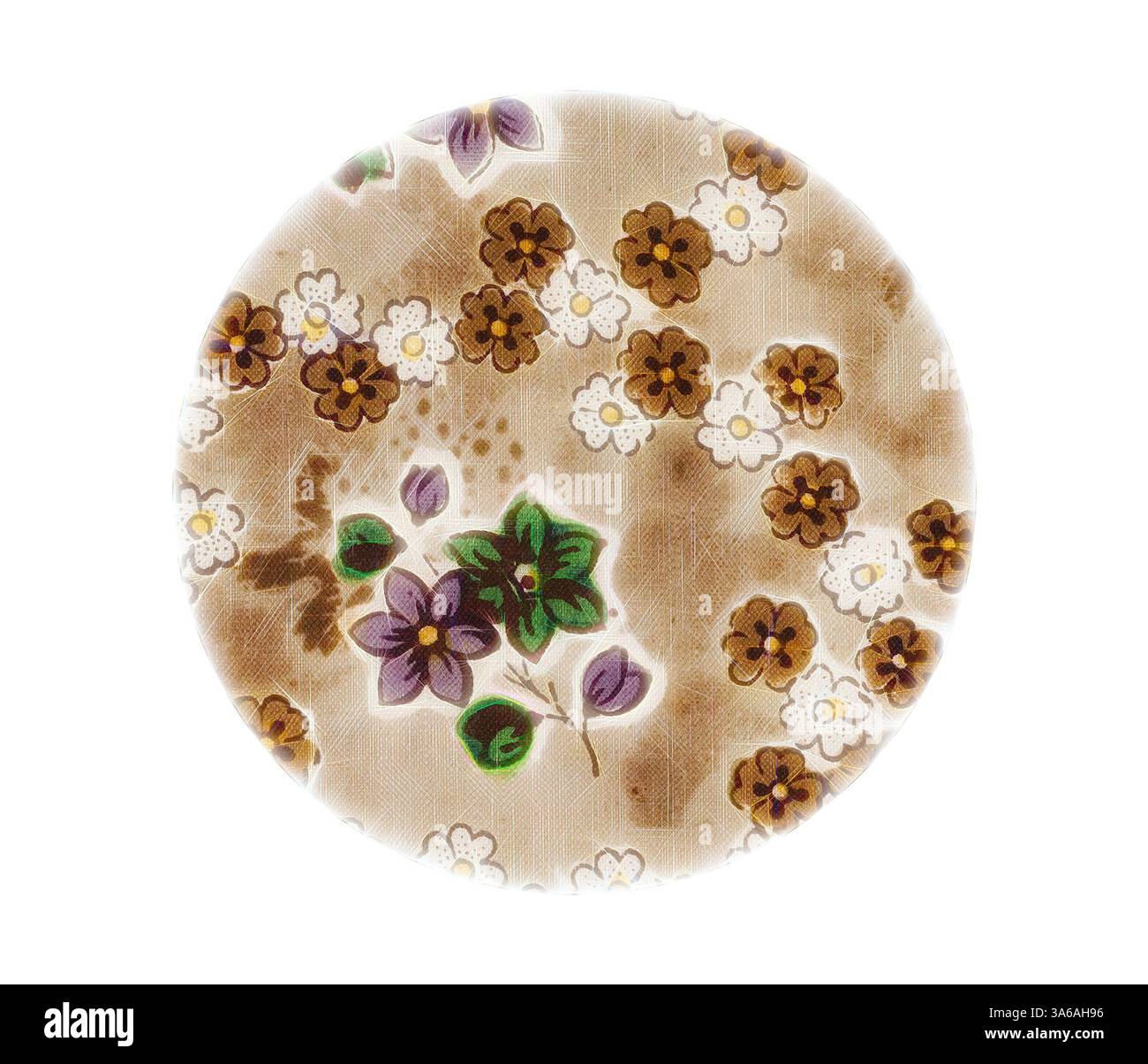 A circular fabric swatch featuring a pattern of delicate flowers in ...