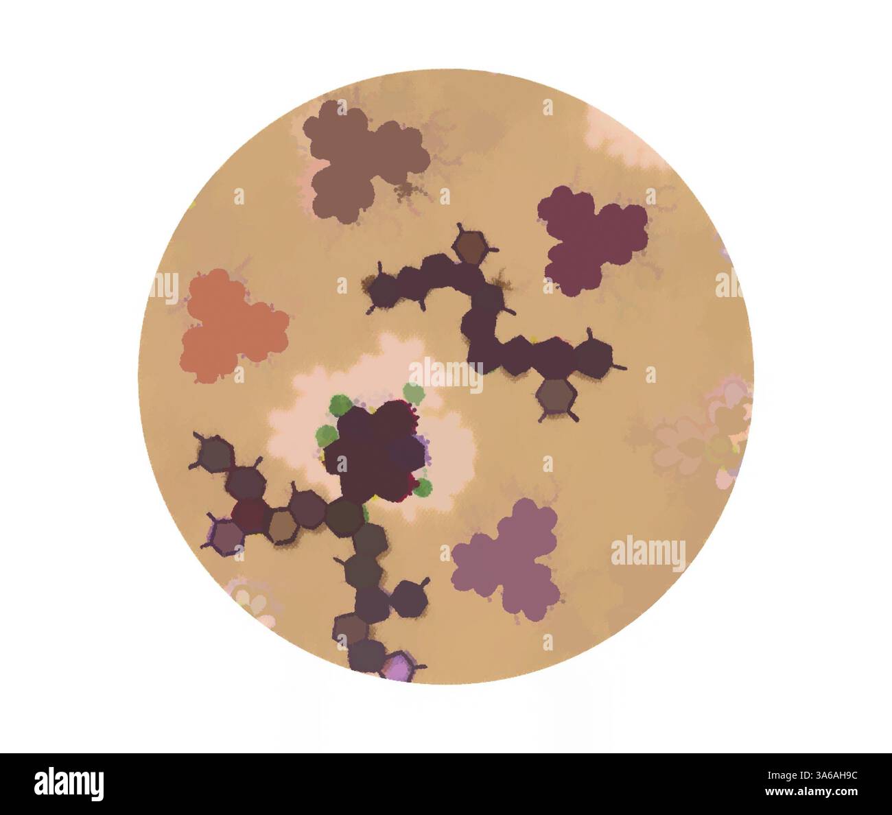 A circular composition featuring abstract shapes and organic forms in ...