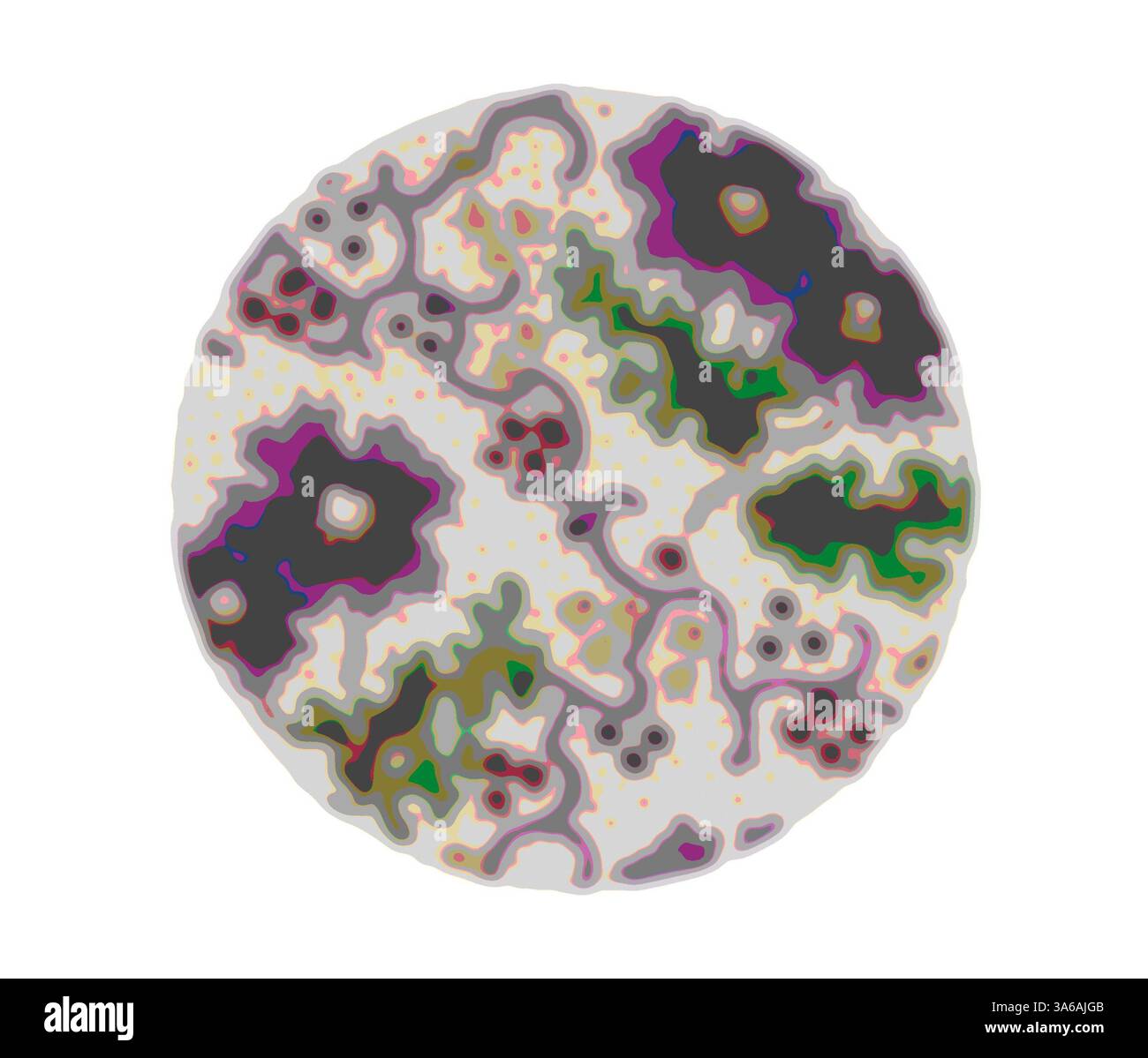 A circular abstract composition featuring organic shapes and vibrant ...