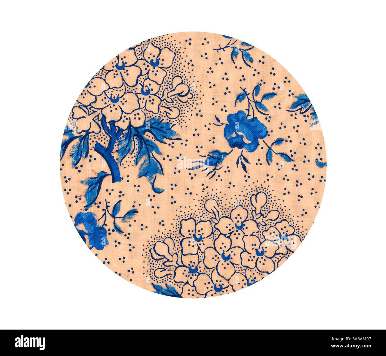 A circular fabric design featuring intricate floral patterns in blue on ...
