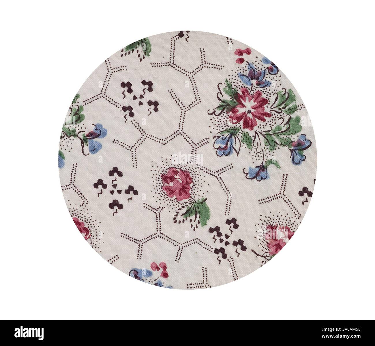 A circular fabric featuring a delicate floral pattern intertwined with ...