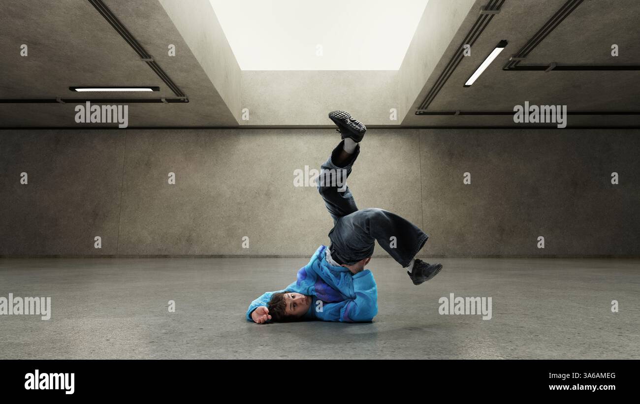 Composite collage. Breakdancer spinning on head in retro blue jacket ...