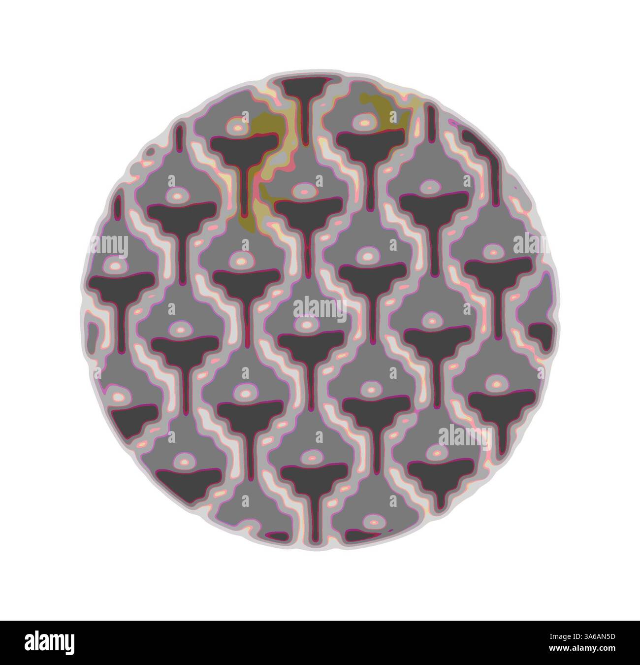 A circular design featuring a repetitive pattern of stylized figures ...