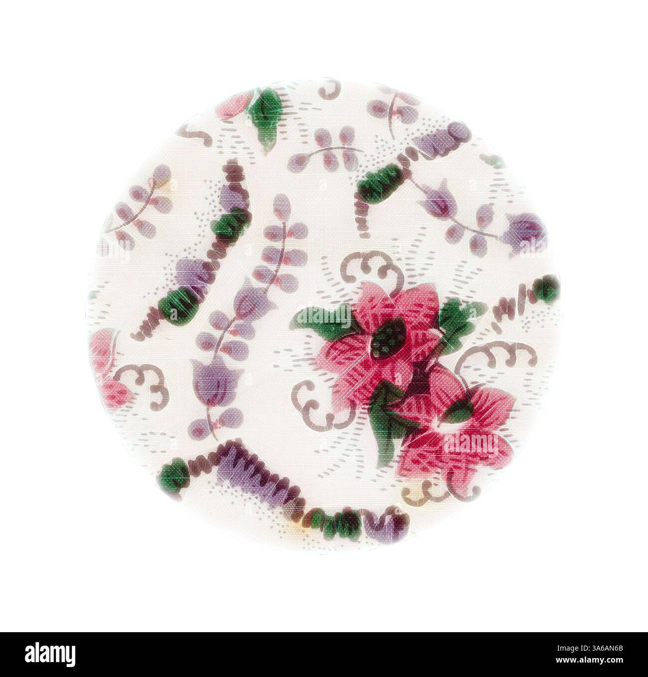A delicate circular pattern featuring vibrant flowers and swirling ...