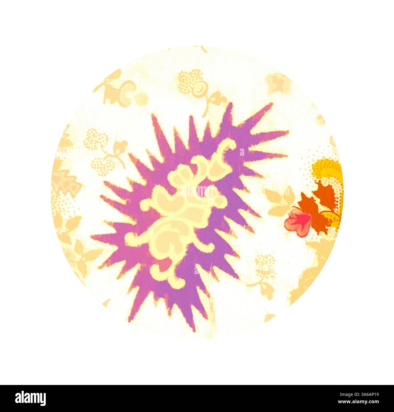 A vibrant, circular pattern featuring playful animal motifs intertwined ...