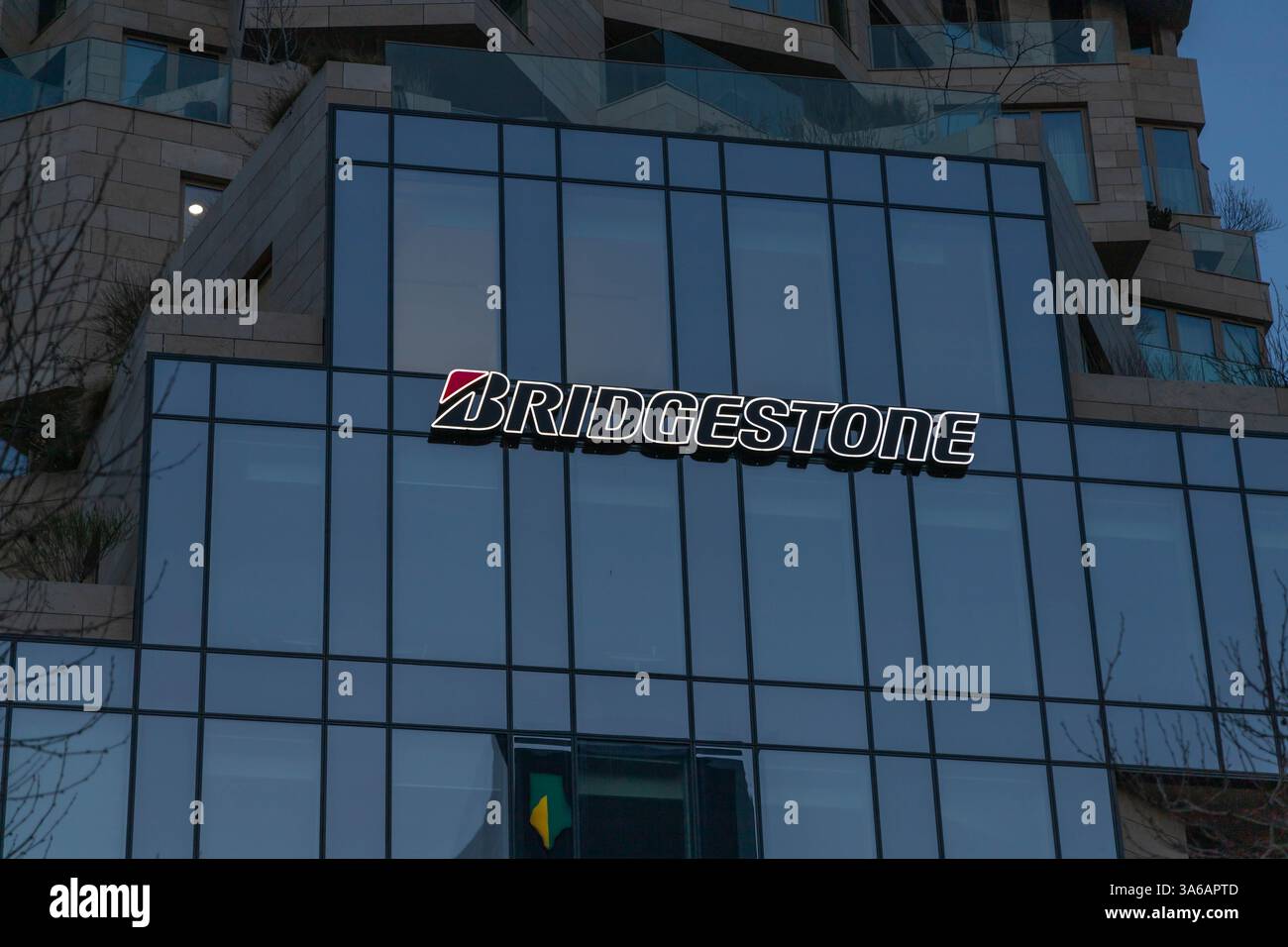 Bridgestone logo on the glass valley building in Amsterdam. Bridgestone ...