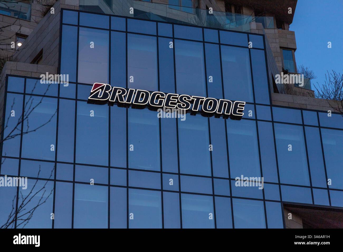 Bridgestone logo on the glass valley building in Amsterdam. Bridgestone ...