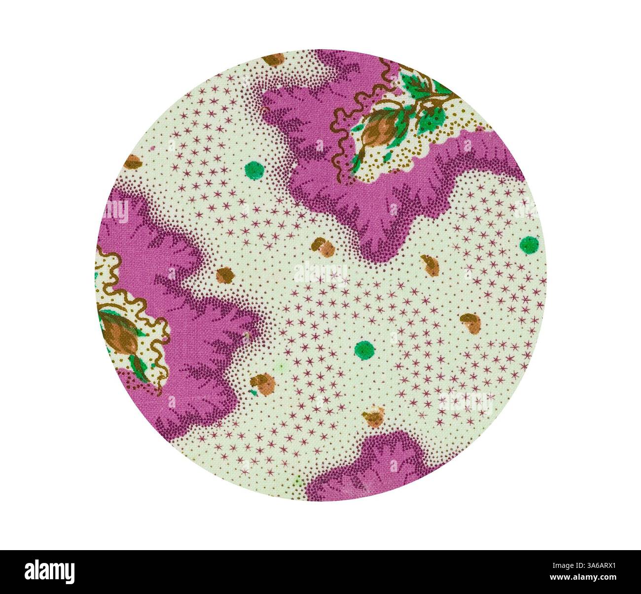 A circular fabric design featuring vibrant floral patterns in shades of ...