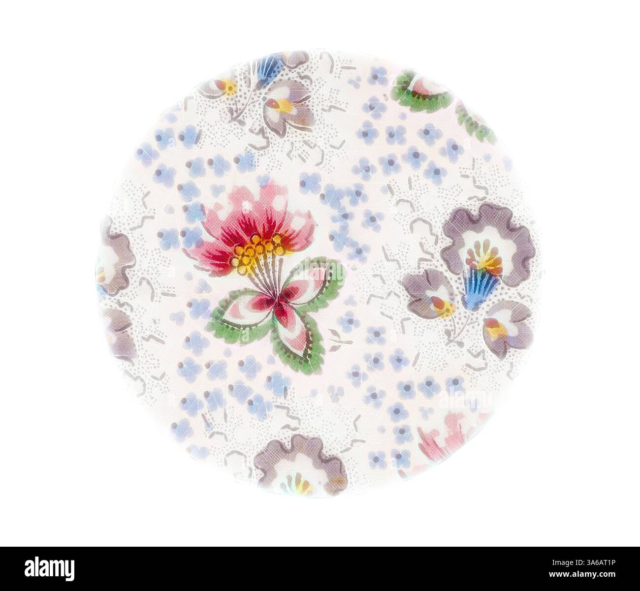 A round plate featuring a delicate floral pattern with vibrant colors ...