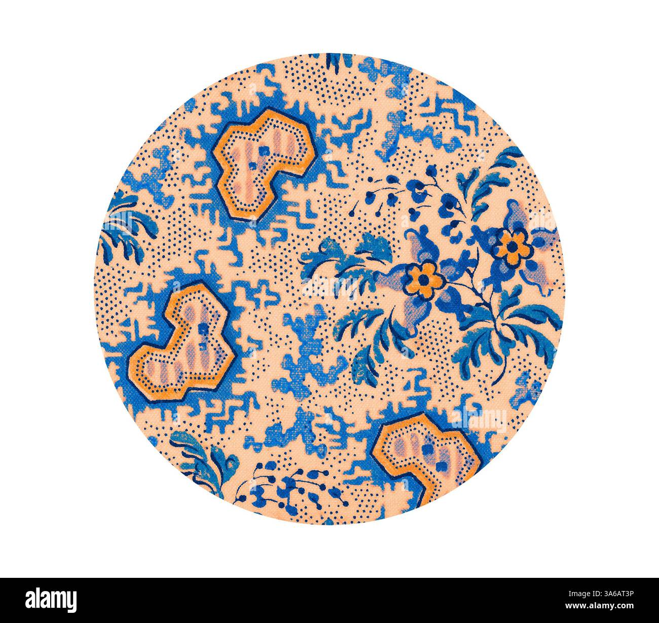 A circular textile design featuring intricate patterns in vibrant blue ...
