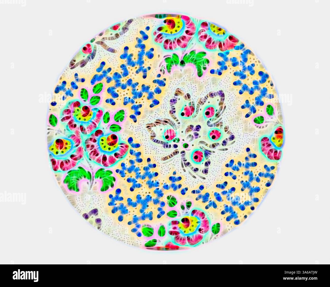 A vibrant, intricate pattern features blooming flowers and delicate ...