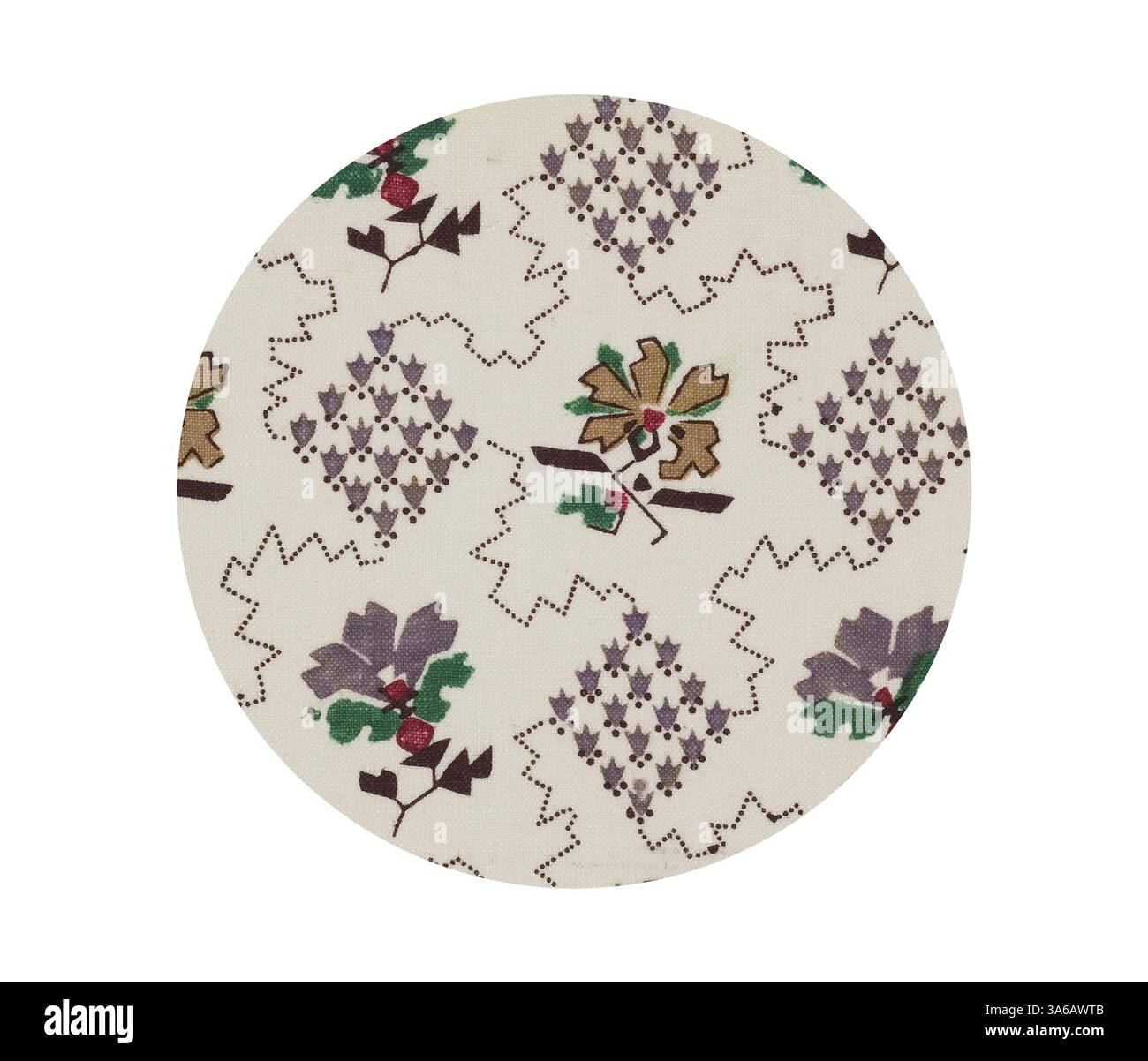 A circular fabric featuring a decorative pattern of leaves and grapes ...