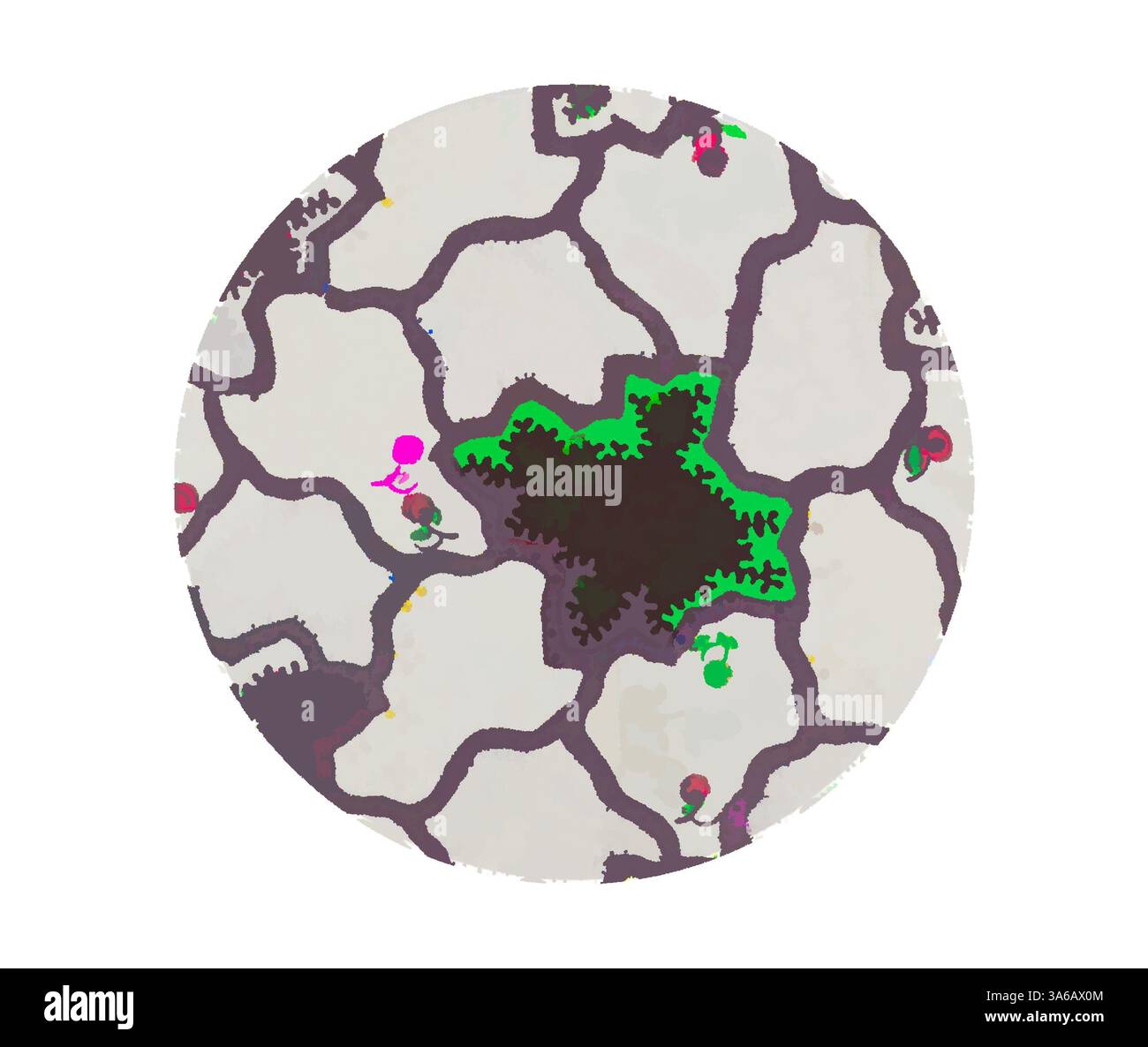 An abstract representation of a landscape featuring irregular, textured ...
