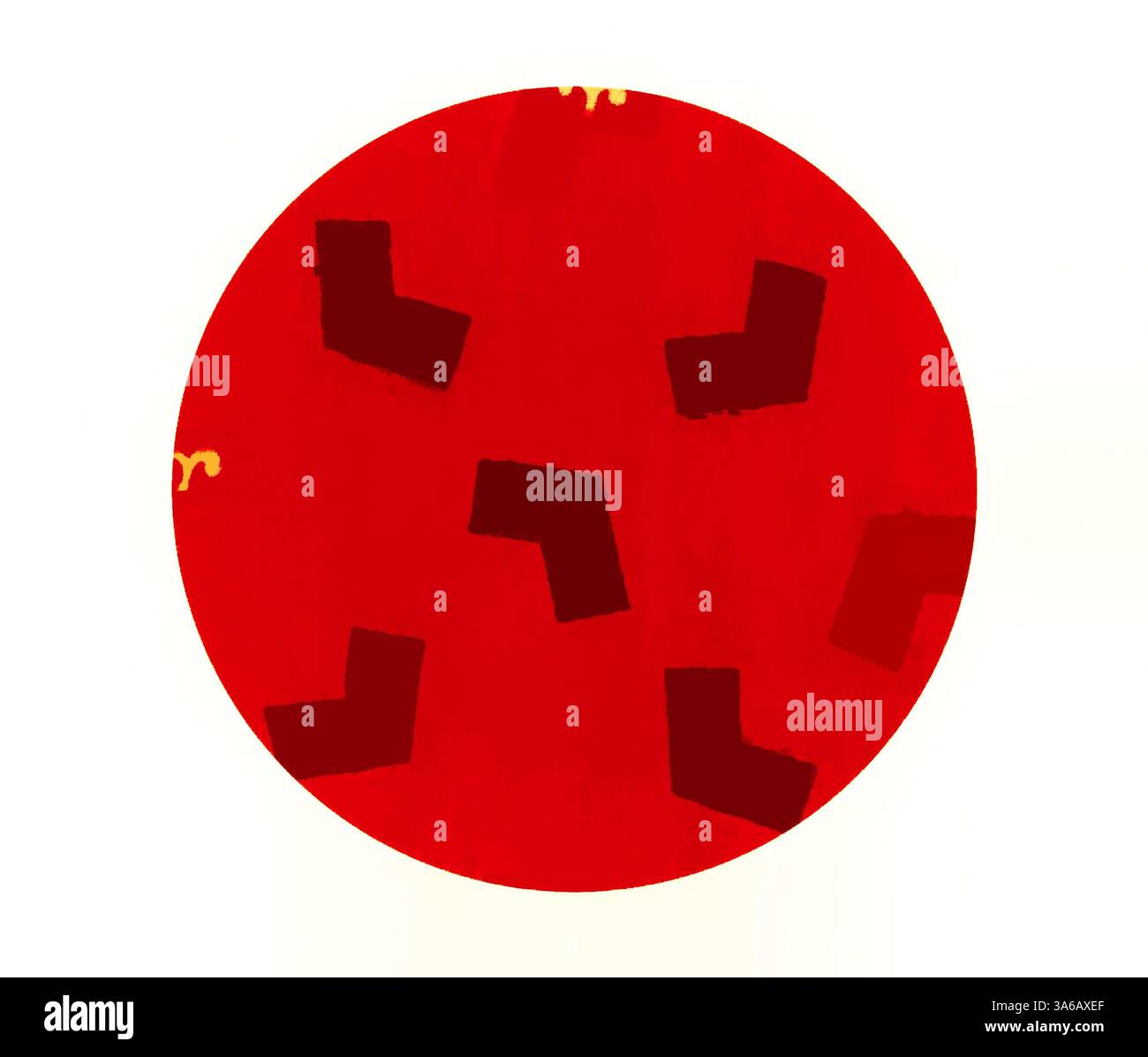 A bold red circle features a playful pattern of dark L-shaped figures ...