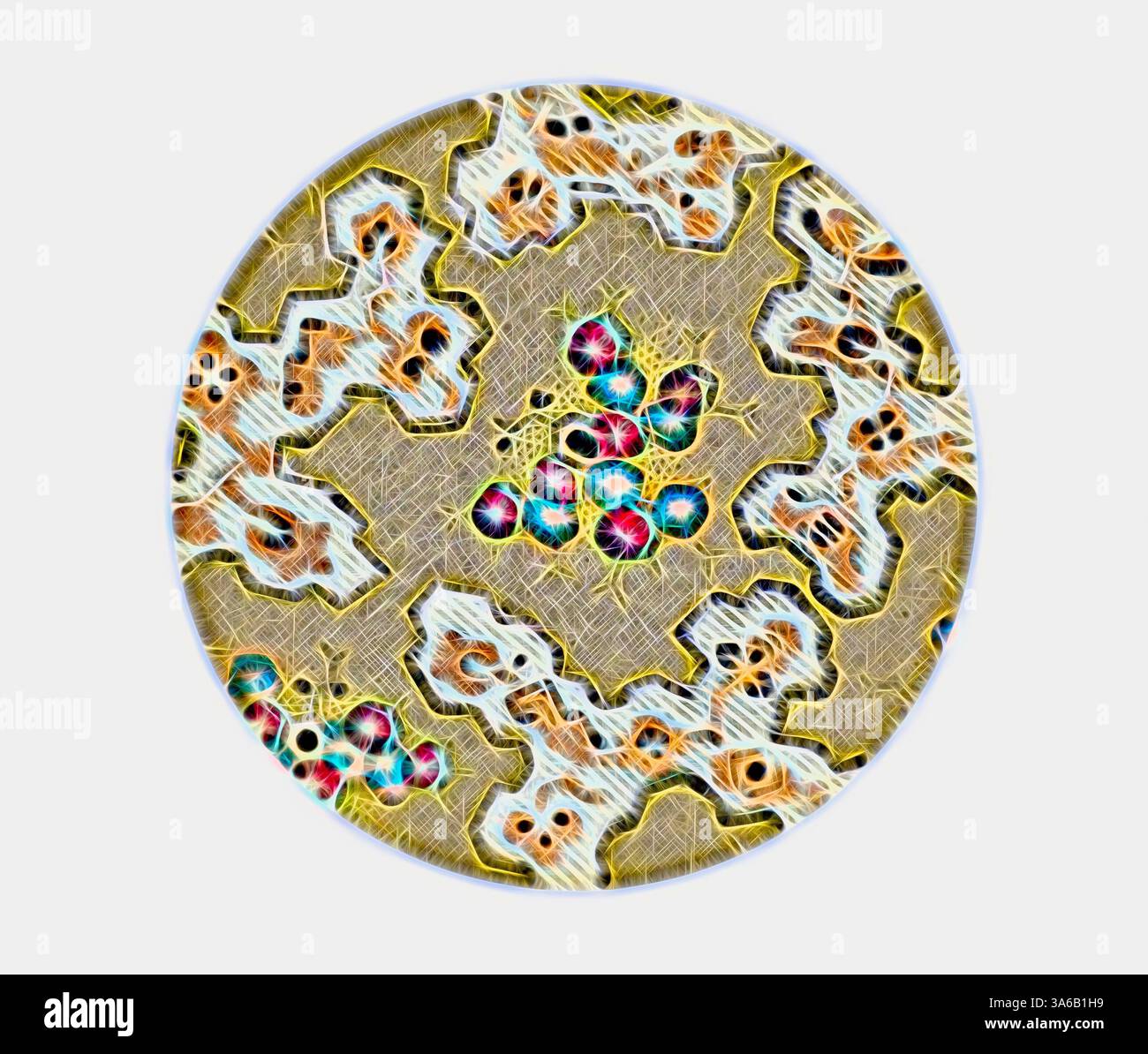 An intricate, abstract pattern featuring a central cluster of colorful ...