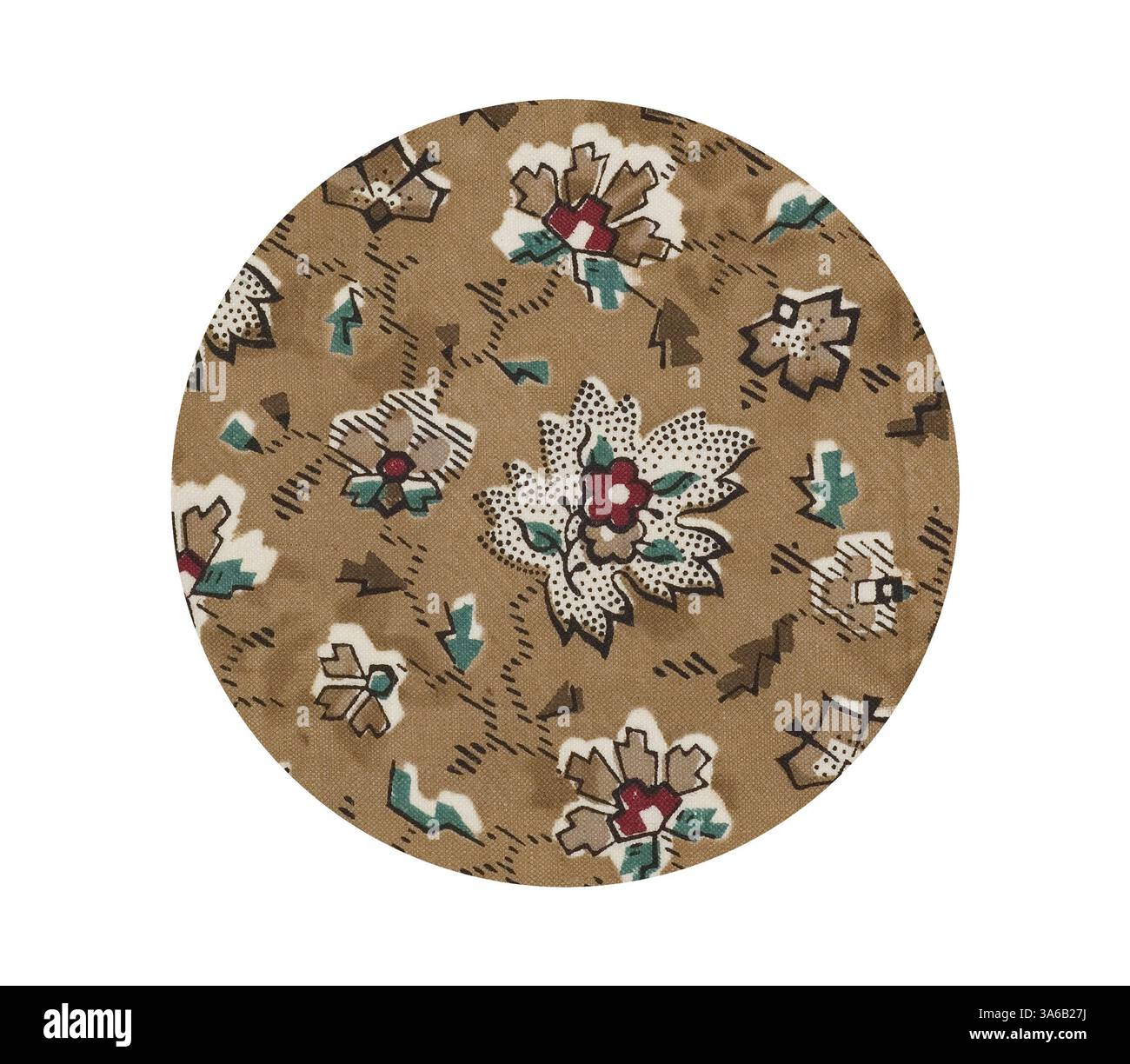A circular textile featuring a floral pattern with earthy tones ...